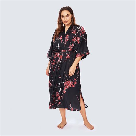 Cherry Blossom And Crane Plus Size Long Kimono Robe Kimono