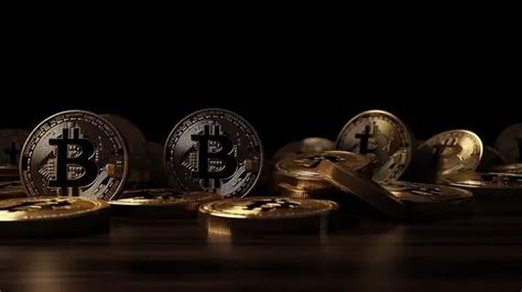 테이블에 앉아 있는 금색 비트코인 금속성의 배경에 있는 현실적인 비트코인 모델의 3d 그림 우주선 또는 로봇의 기술 코팅 사이버 갑옷의 클로즈업 배경 일러스트 및 사진