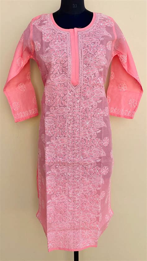 Lucknowi Chikankari Kurti Pink Cotton Chikirpolo