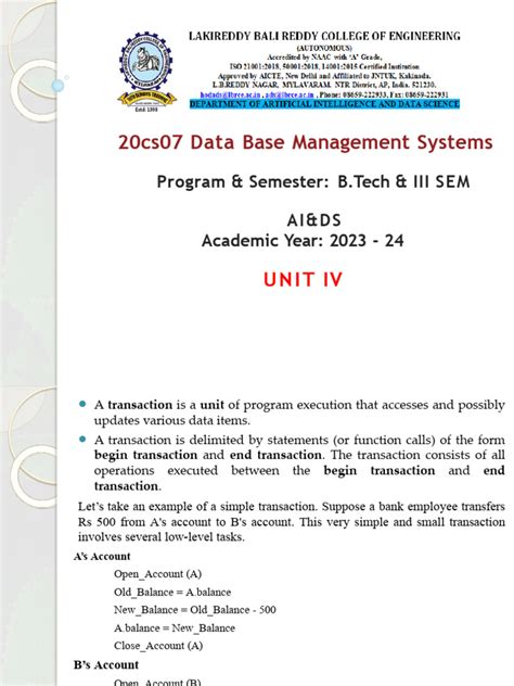 Dbms Unit 4 Pdf Computer Data Storage Database Transaction