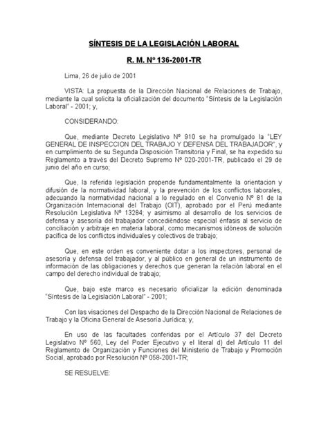 11 Rm 136 2001 Tr Síntesis De La Legislación Laboral Pdf