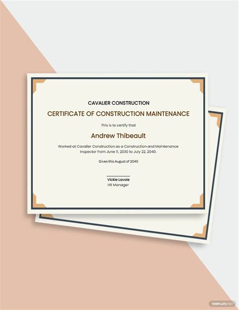 Construction Maintenance Certificate Template In Illustrator Psd Pdf
