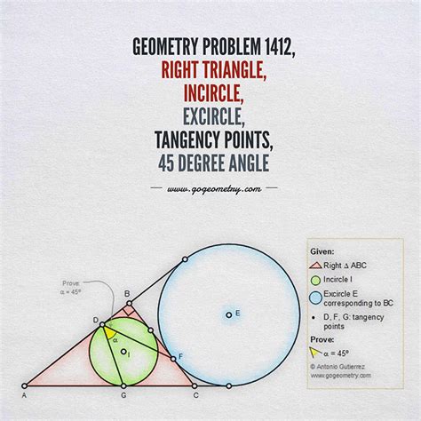 Geometry Problem 1412 Right Triangle Incircle Excircle Tangency Points 45 Degree Angle