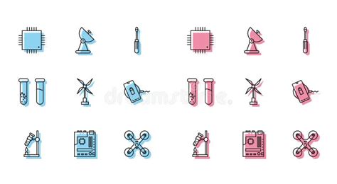 Set Line Test Tube Flask On Fire Motherboard Processor With