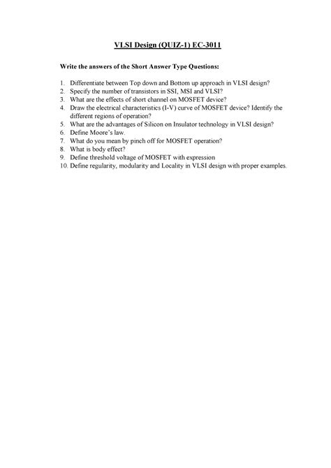 Vlsi Tests Combined Vlsi Design Quiz 1 Ec Write The Answers Of The Short Answer Type