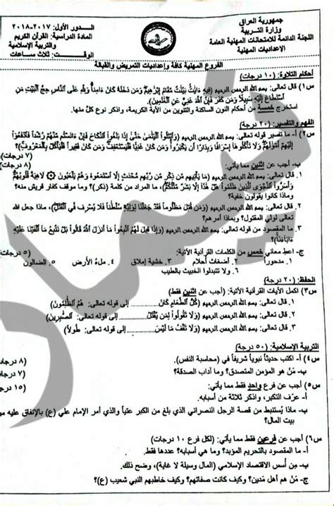 أسئلة امتحان التربية الاسلامية للصف السادس المهنى واعداديات التمريض