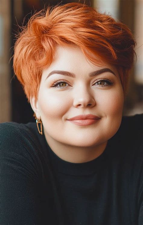 Short Hairstyles For Fat Faces And Double Chins Fiery Copper Pixie With Volume Fat Face