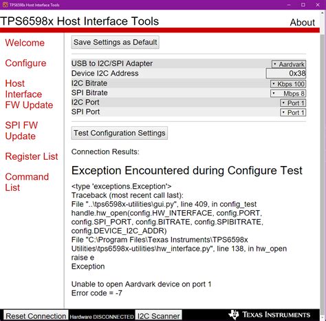 Tps65982 Host Interface Utility Tool Error Using Aardvark Spi Interface Forum Interface