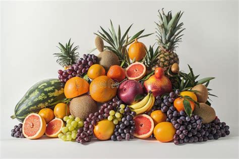 A Vibrant Assortment Of Fruit Stacked Neatly Atop A White Table