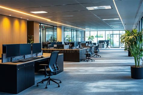 Modern Office Workspace Design Sleek Desks Ergonomic Chairs Natural Light Stock Illustration