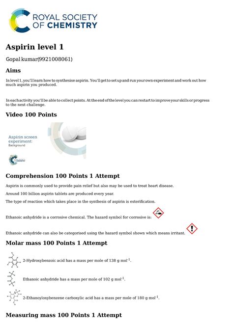 Aspirin Level 1 Labnotebook 1 Aspirin Level Aims Much Aspirin You Produced To The Next