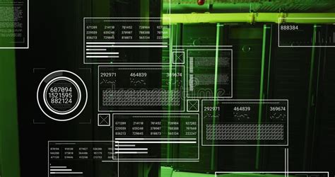 Image Of Hud Screens With Numbers Graphs And Shapes Over Data Server Racks Stock Illustration