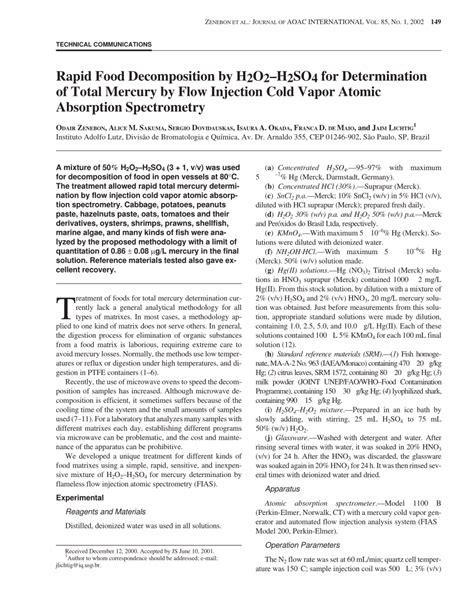 Pdf Rapid Food Decomposition By H2o2h2so4 For Determination Of Total Mercury By Flow