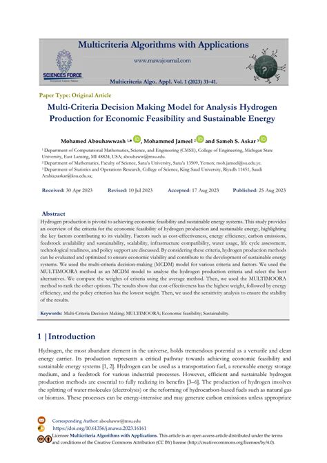 Pdf Multi Criteria Decision Making Model For Analysis Hydrogen Production For Economic
