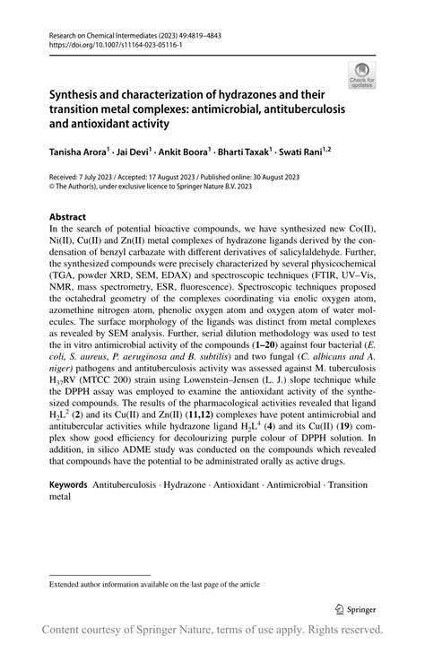 Synthesis And Characterization Of Hydrazones And Their Transition Metal Complexes Antimicrobial