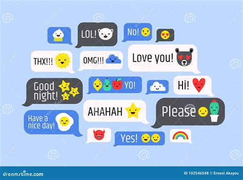 Cloud Of Messages With Cute Emoji Speech Bubbles With Text And Smileys