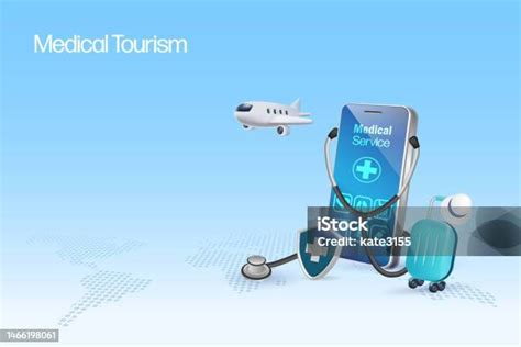 의료 관광 개념입니다 비행기와 수하물이 있는 스마트폰의 청진기 의료 및 수술 서비스를 위해 비행하는 관광 승객의 상징 3d 벡터입니다 의료 보험에 대한 스톡 벡터 아트 및