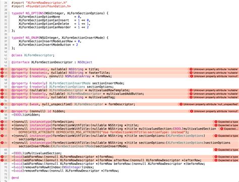 Xcode Xlform Objective C Unknown Property Attribute Nullable Stack Overflow