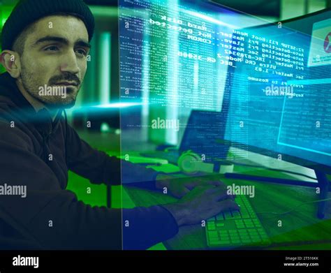 Computer Hacker Programming And Man With Hologram For Phishing Scam Or Cybersecurity Software