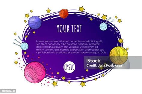 행성 달 위성 우주선과 별의 손으로 그림 그리기 벡터 템플릿 레이아웃 코스모스의 낙서 일러스트가 있는 배너 만화 스타일의 공간 요소와 프레임 장식 0명에 대한 스톡 벡터