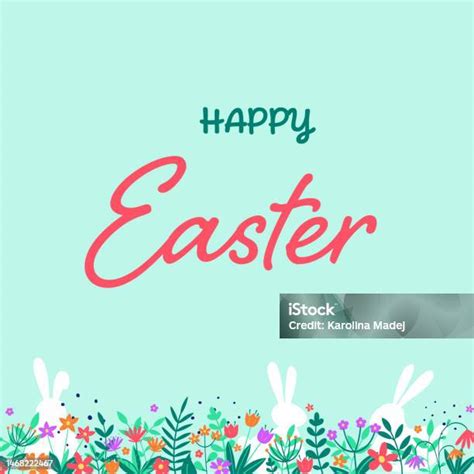 토끼와 꽃 초원이 있는 손으로 그린 부활절 인사말 카드 벡터 그림 0명에 대한 스톡 벡터 아트 및 기타 이미지 0명 개념 공란 Istock