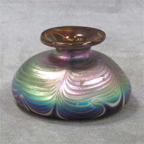 Robert Held Art Glass Iridescent Squat Vase Sign