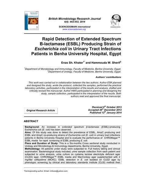 Pdf Rapid Detection Of Extended Spectrum β Lactamase Esbl Producing Strains Of Escherichia