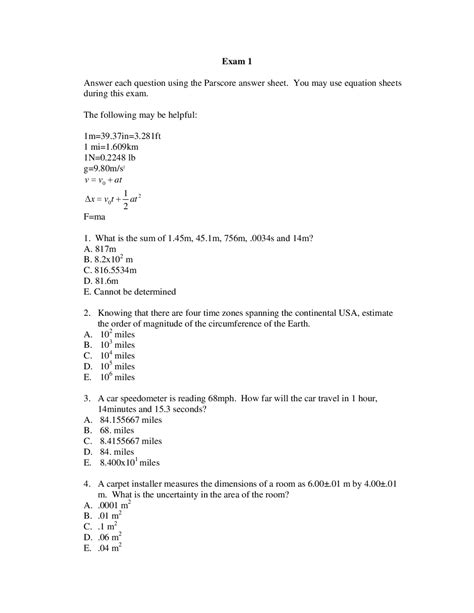 Algebra Based Physics I Unsolved Questions Exam 1 Phy 1603 Docsity