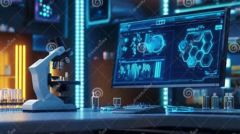 High Tech Laboratory Showcasing Microscope And Digital Bioinformatics Interface Stock Image