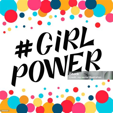 여러 가지 빛깔의 원으로 배경에 소녀 전원 비문 Grl Pwr 손 글자 페미니스트 슬로건 관용구 말하기 티셔츠 스웨트셔츠 또는 기타 의류 프린트를 위한 현대적인