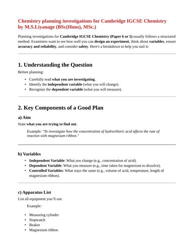 Planning Investigations For Cambridge Igcse Chemistry Teaching Resources