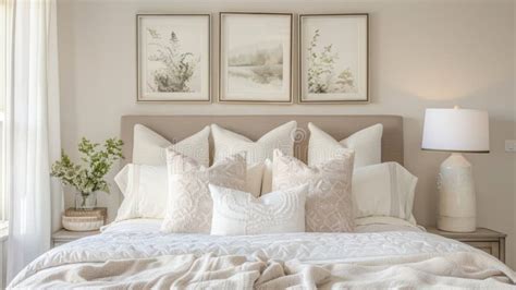 A Serene Bedroom With Soft Neutral Walls Highlighted By A Series Of