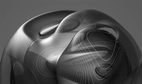 초현실적인 흑백 흑백 흑백 아트 3d 배경의 3d 렌더링과 초현실적인 3d 볼 또는 곡선 물결 모양의 선구가 표면에 두꺼운 흰색 평행 줄무늬가있는 투명한 플라스틱 소재로