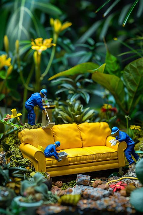 미니어처 사진 파란 작업복을 입은 사람이 거대한 노란 소파를 청소