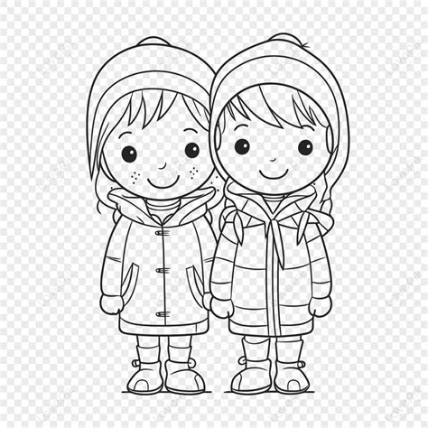 겨울 자켓을 입고 있는 두 소녀 색칠 페이지 아웃라인 스케치 드로잉 벡터개요 예술라인 아트 Png 일러스트 무료 다운로드 Lovepik