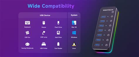 Powered Usb Hub Rshtech 7 Port Powered Usb 3 0 Usb C Hub With 14 Mode Rgb Led Strip 3 3ft Data