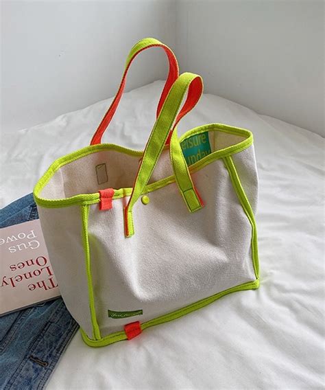 컬러 배색 랍빠 에코백 캔버스 숄더백 네온 핑크 보라 민트