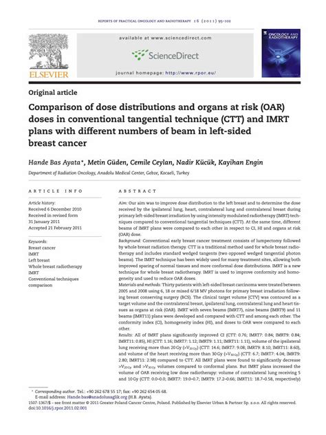 Pdf Comparison Of Dose Distributions And Organs At Risk Oar Bas Ayata∗ Metin Güden