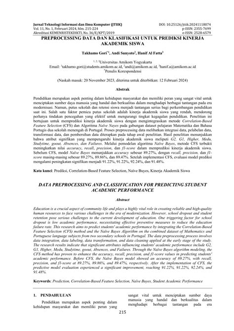 Pdf Preprocessing Data Dan Klasifikasi Untuk Prediksi Kinerja Akademik Siswapreprocessing Data