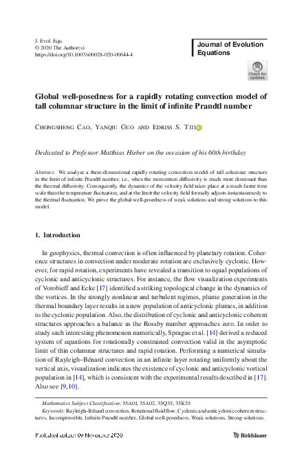 Pdf Global Well Posedness For A Rapidly Rotating Convection Model Of Tall Columnar Structure
