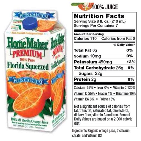 100 Orange Juice Nutrition Facts Juice Packaging Nutrition Facts Label