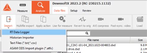 Rt Data Importer Obsolite Reviewing Data Files Analyze Dewesoft X Manual En