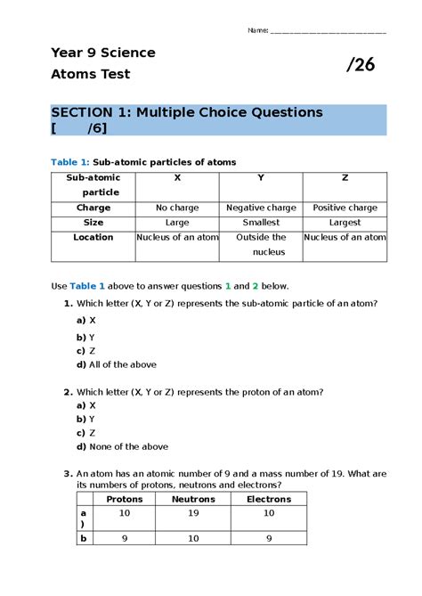 Atoms Test Year Science Atoms Test SECTION Multiple Choice Questions Table Studocu