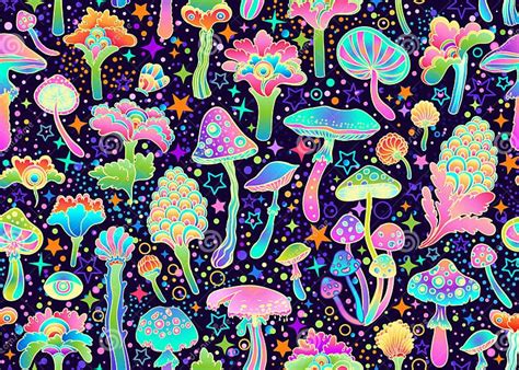 Magic Mushrooms And Stars Seamless Pattern Psychedelic Hallucination