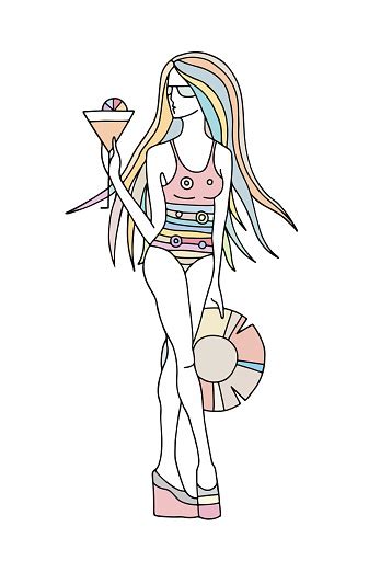 칵테일 모자 긴 머리와 수영복에 아름다운 얇은 소녀의 벡터 손으로 그린 그림 화려한 여자입니다 그리기에 대한 스톡 벡터 아트 및 기타 이미지 Istock