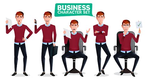 비즈니스 맨 문자 벡터 세트입니다 남성 보스 컬렉션 디자인에 대한 화가 행복하고 생각 표정으로 앉아 서 사업가 캐릭터 경영자에