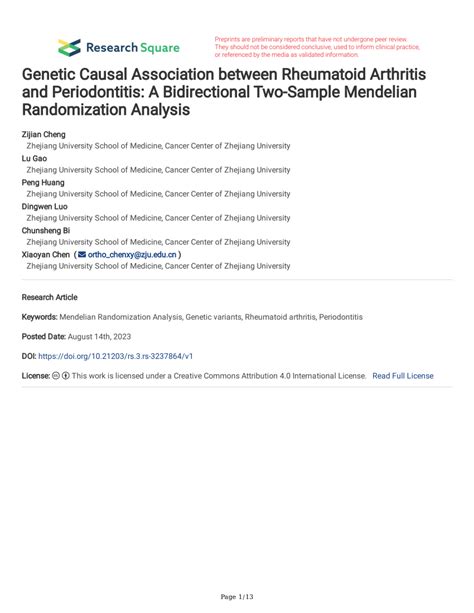 Pdf Genetic Causal Association Between Rheumatoid Arthritis And Periodontitis A Bidirectional