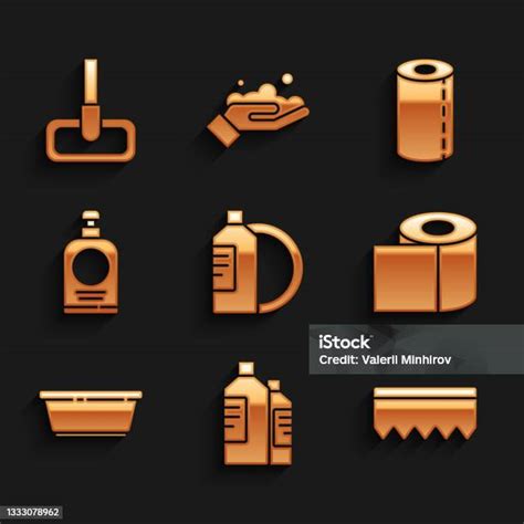 식기 세척 액상 병 및 접시 청소제 용 병 거품이있는 스폰지 화장지 롤 플라스틱 분지 손 소독제 종이 타월 및 걸레 아이콘을 설정합니다 벡터 가정 생활에 대한 스톡 벡터