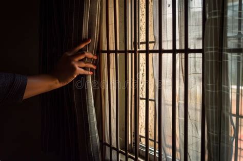 Hand Sliding Curtains Aside Revealing Window Bars Stock Image Image