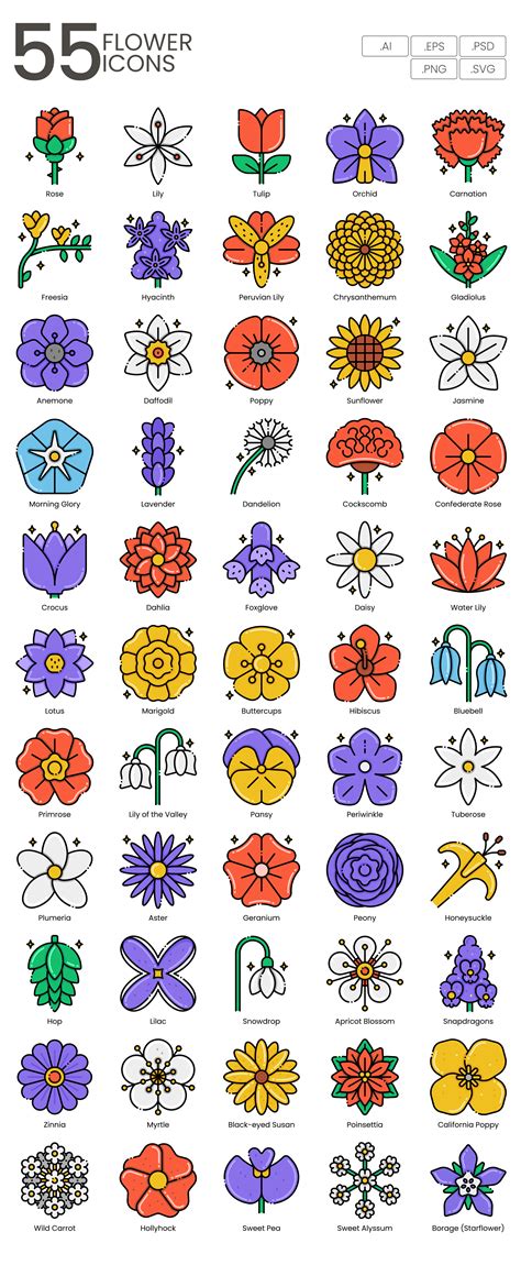 55 Flower Icon Set Flat Icons